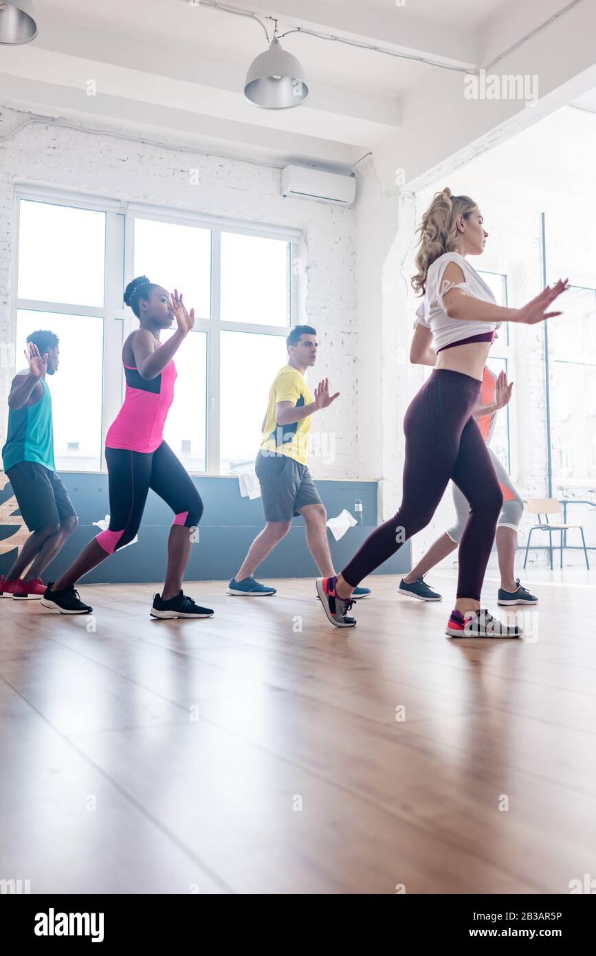 Side view of multicultural dancers training zumba movements in dance ...