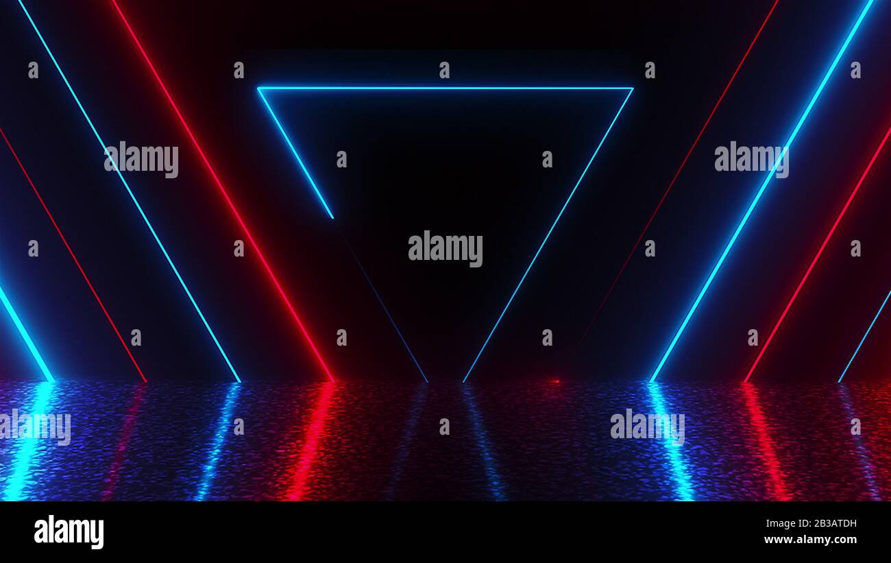 Many neon triangles in space, abstract computer generated backdrop, 3D ...