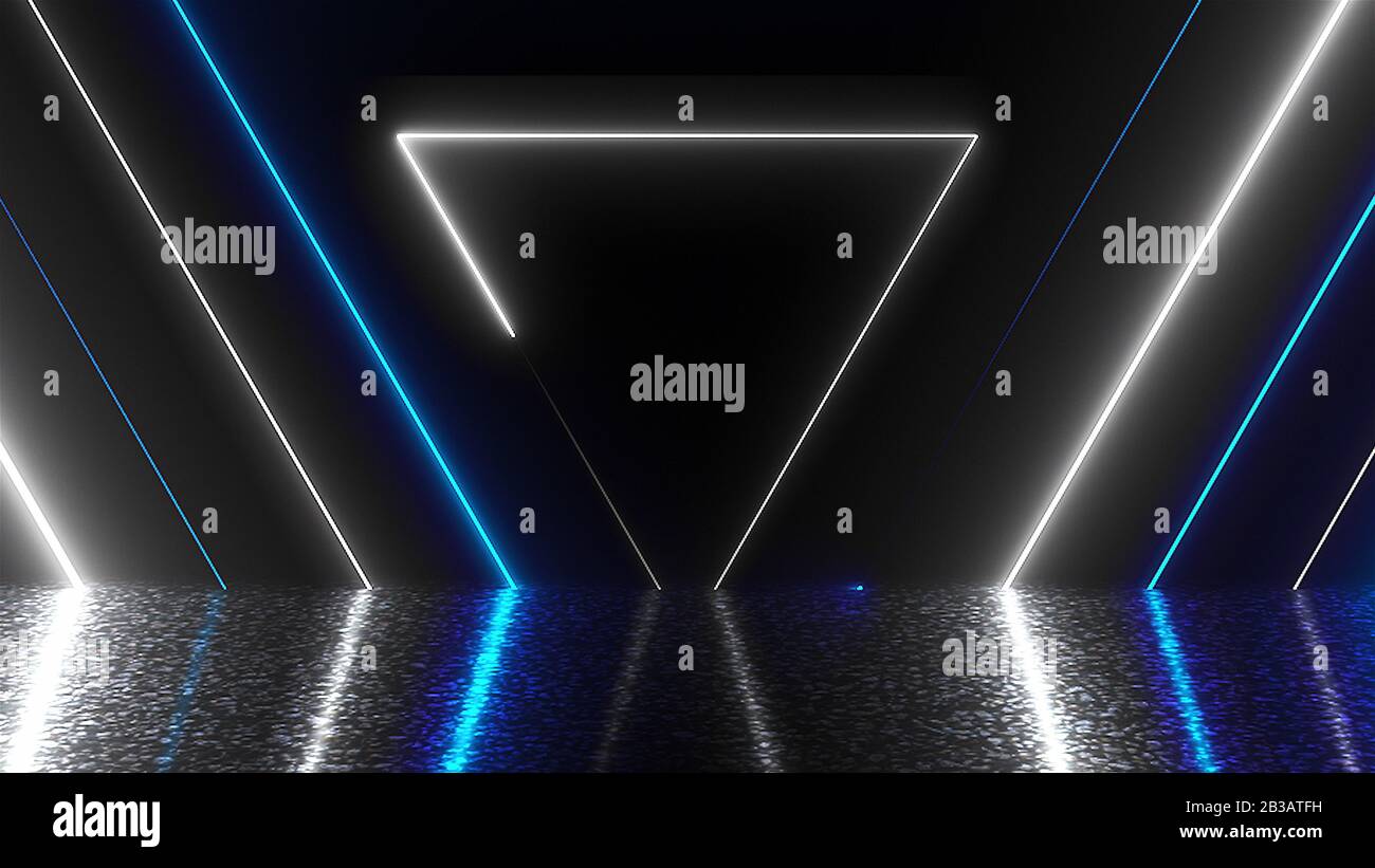 Many neon triangles in space, abstract computer generated backdrop, 3D ...