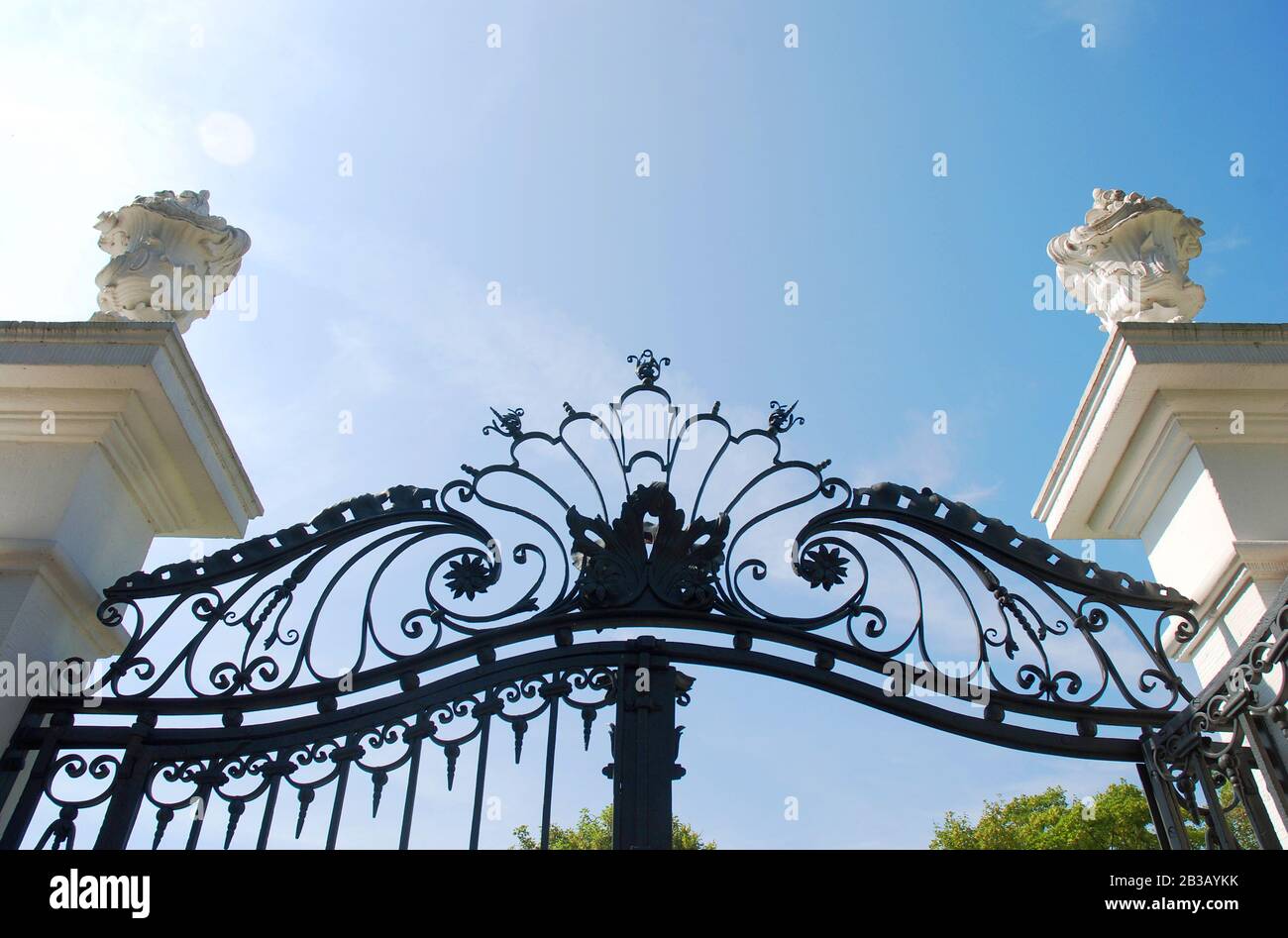 Luxury iron entry gate with open door and copy space in the sky Stock ...
