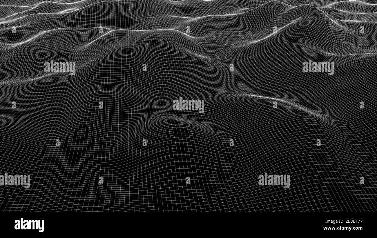 Computer generated a wireframe wave. 3D rendering of a luminous fine ...