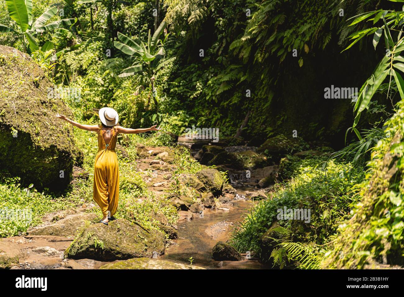 Cheerful female person being in solitude with nature Stock Photo - Alamy