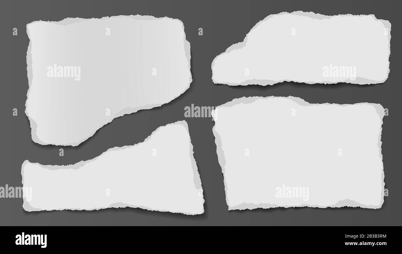 Torn white note, notebook paper strips, pieces stuck on blue background ...