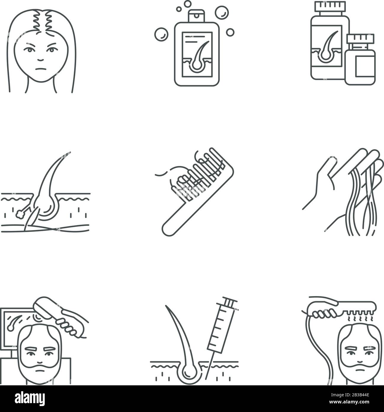 Hair loss pixel perfect linear icons set. Male alopecia and female ...