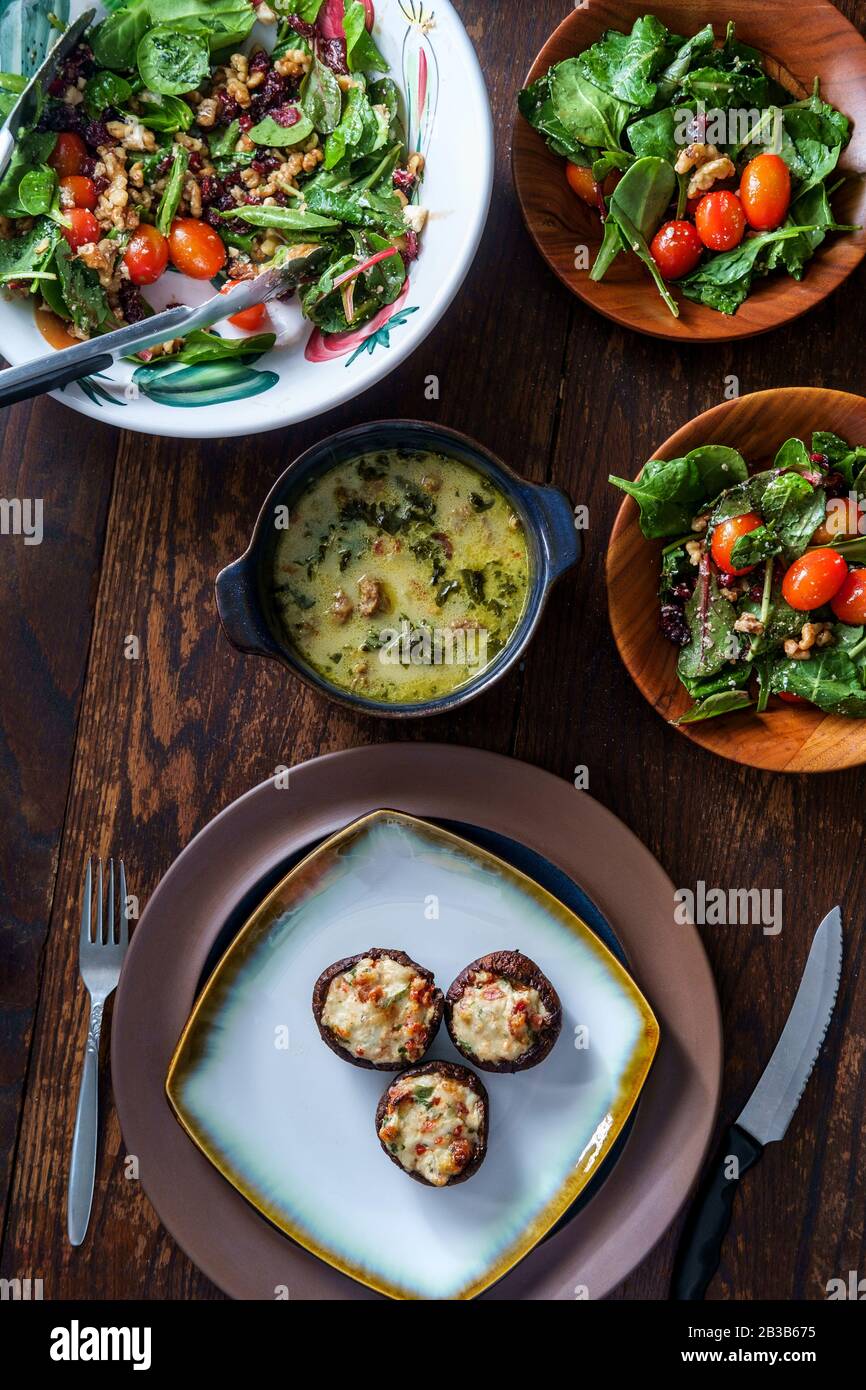 Italian cuisine full course dinner spread with soup salad and appetizer ...