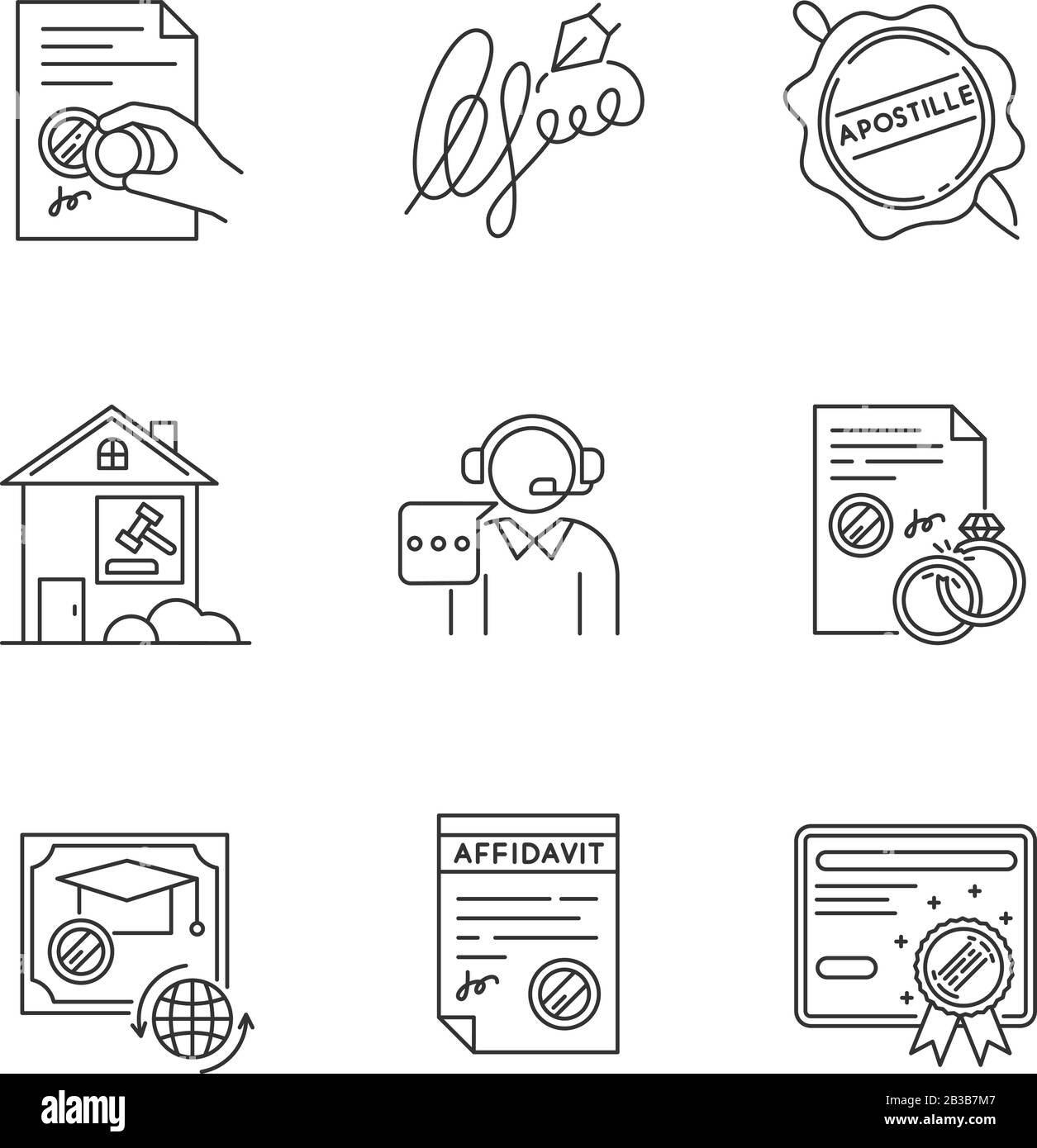 Notary services pixel perfect linear icons set. Certificate. Affidavit ...