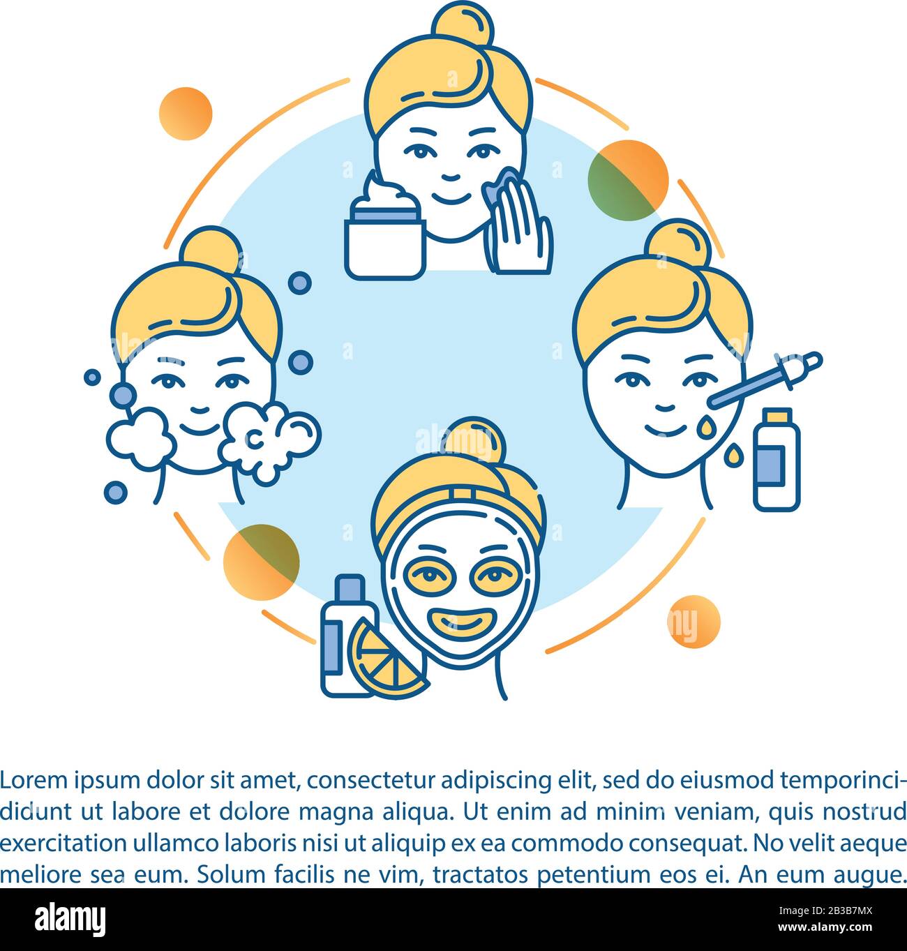 Skincare routine concept icon with text. Lady using cosmetic products ...