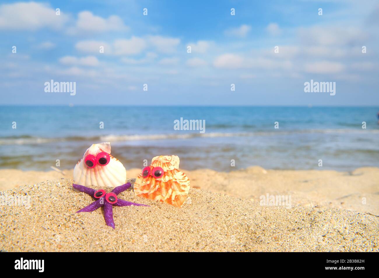 Funny shells with eyes at the beach with the sea in the background ...