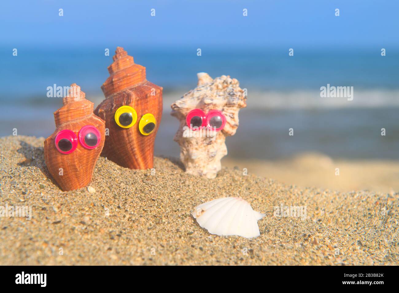 Funny shells with eyes at the beach with the sea in the background ...