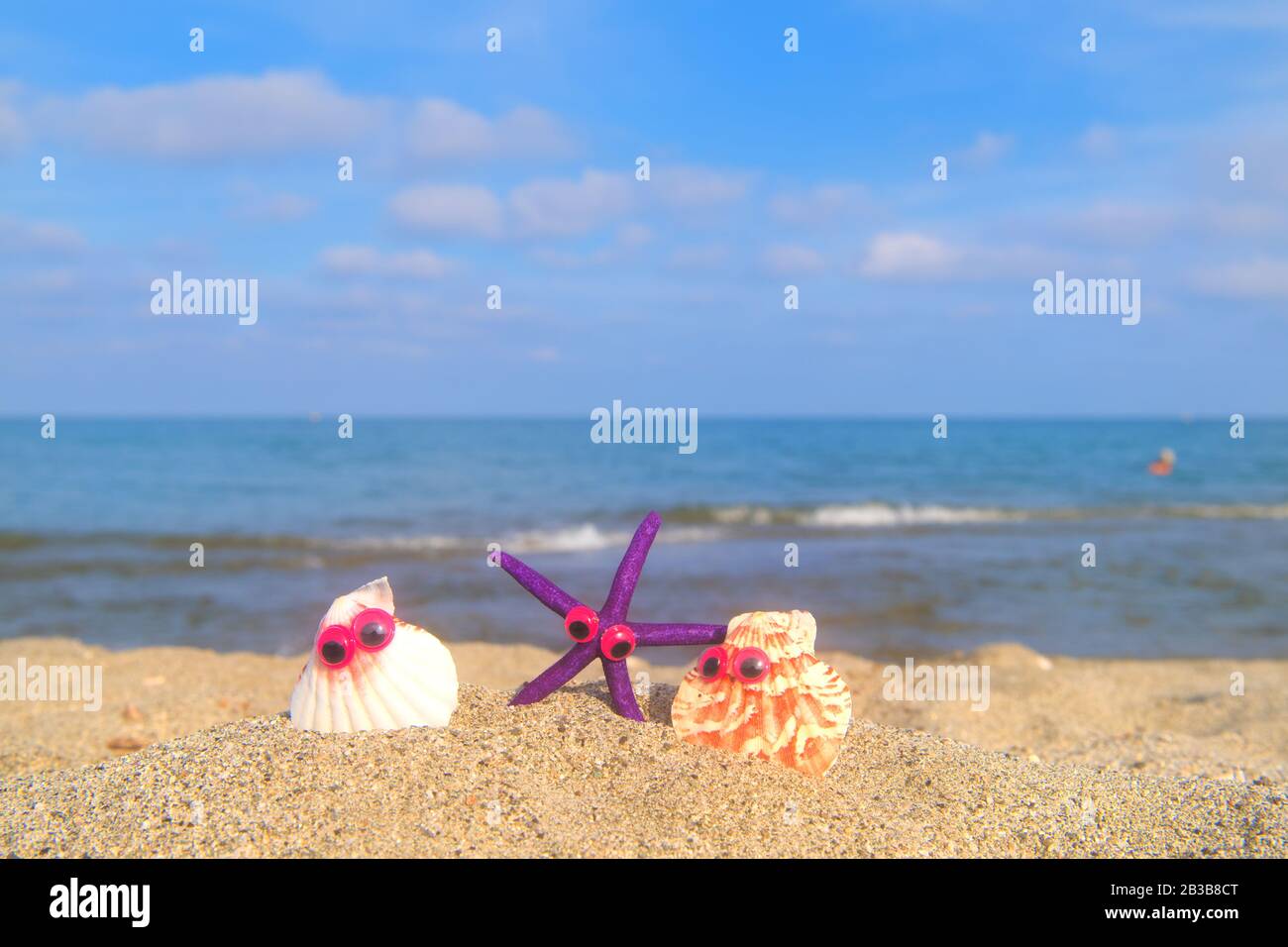 Funny shells with eyes at the beach with the sea in the background ...