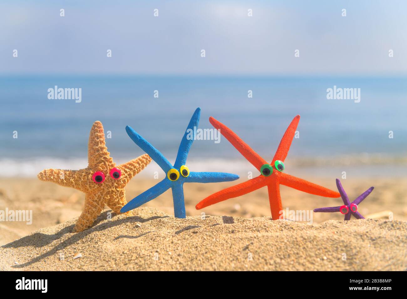 Funny star fishes with eyes at the beach with the sea in the background ...