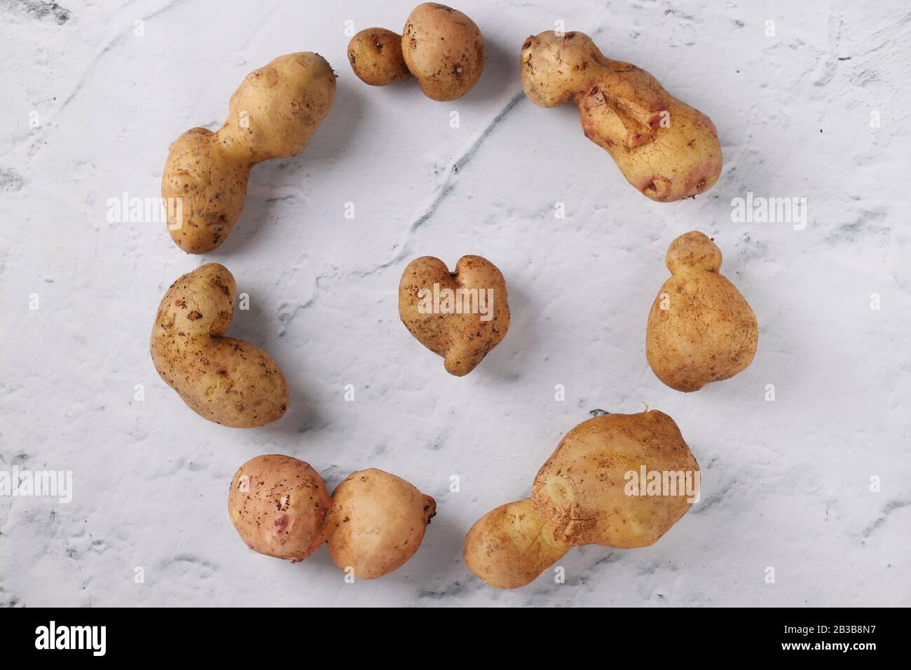 Ugly organic abnormal potatoes on marble background, Concept organic ...