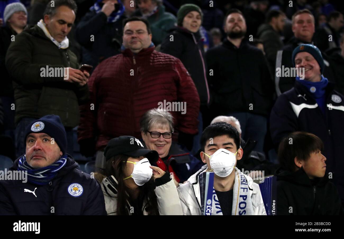 Leicester fans wearing protective masks in the stands to prevent the ...