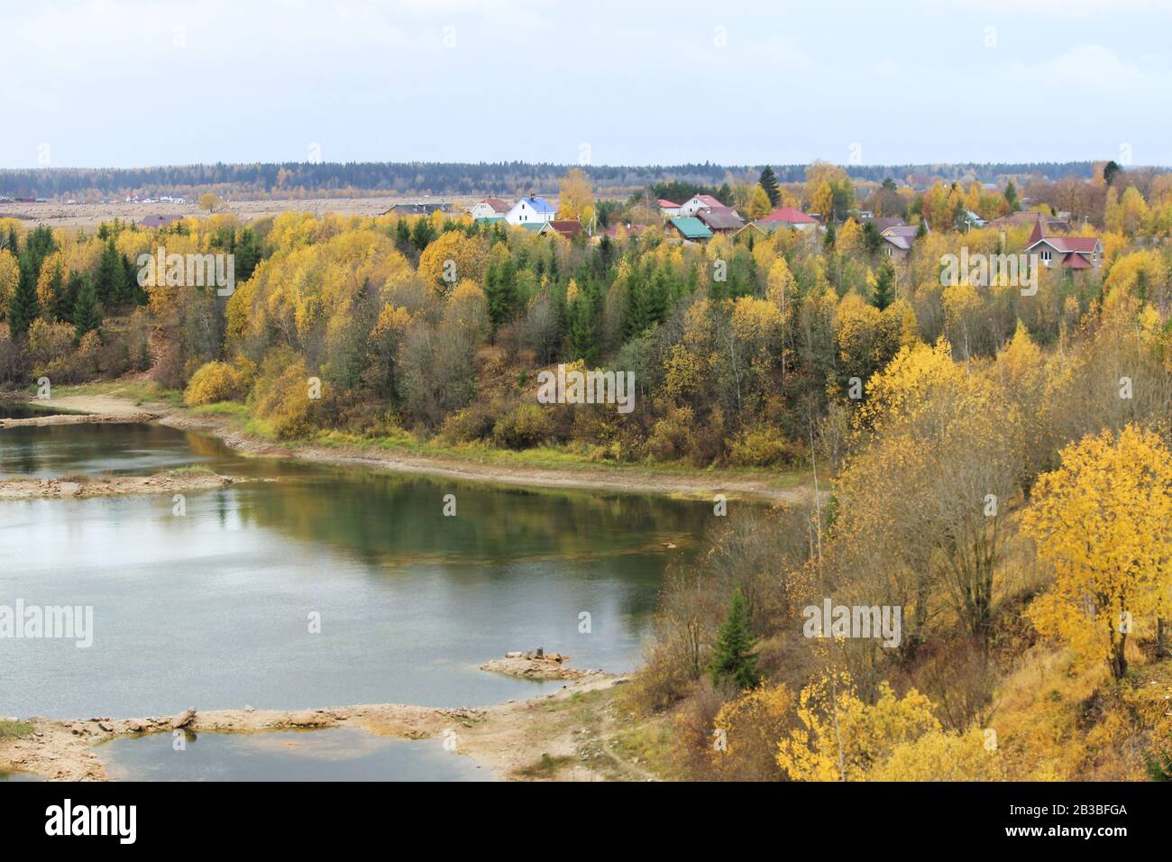 bird's eye view of the lake and autumn forest Stock Photo - Alamy