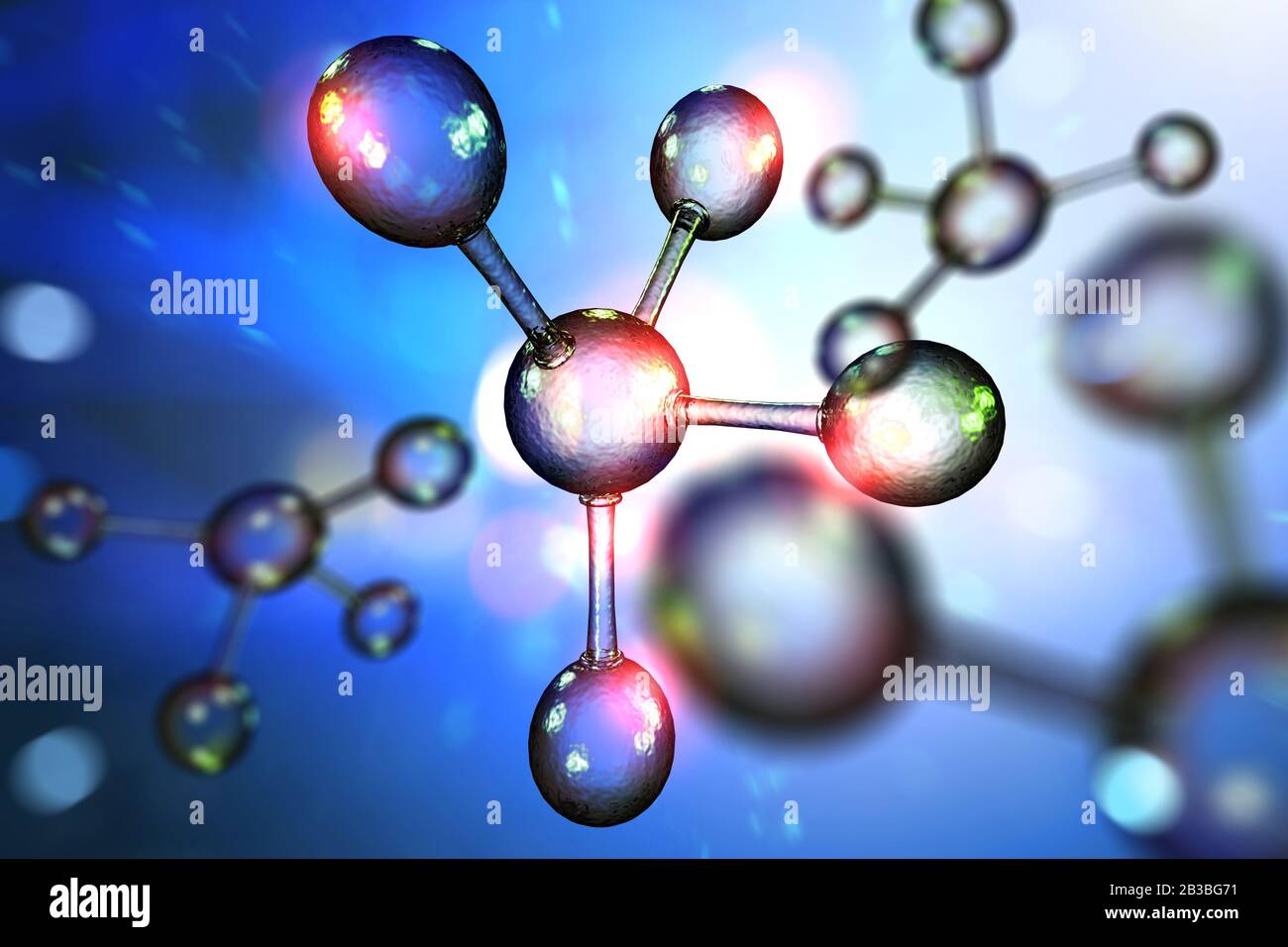 Close up of colorful atomic particle background science 3D illustration ...