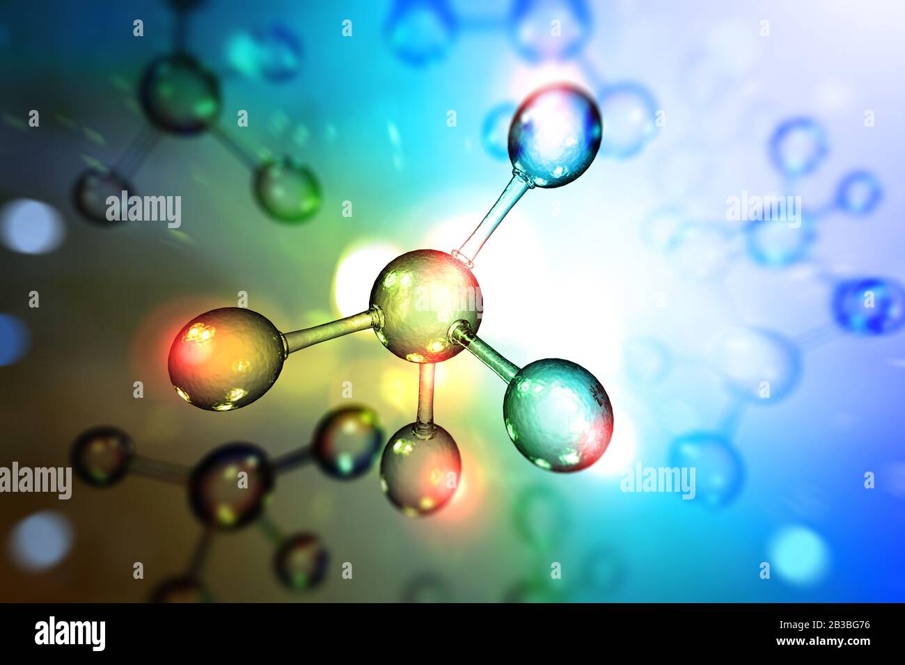 Close up of colorful atomic particle background science 3D illustration ...