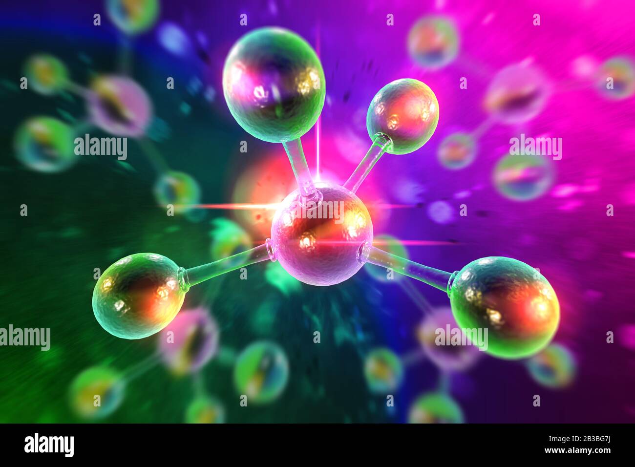 Close up of colorful atomic particle background science 3D illustration ...