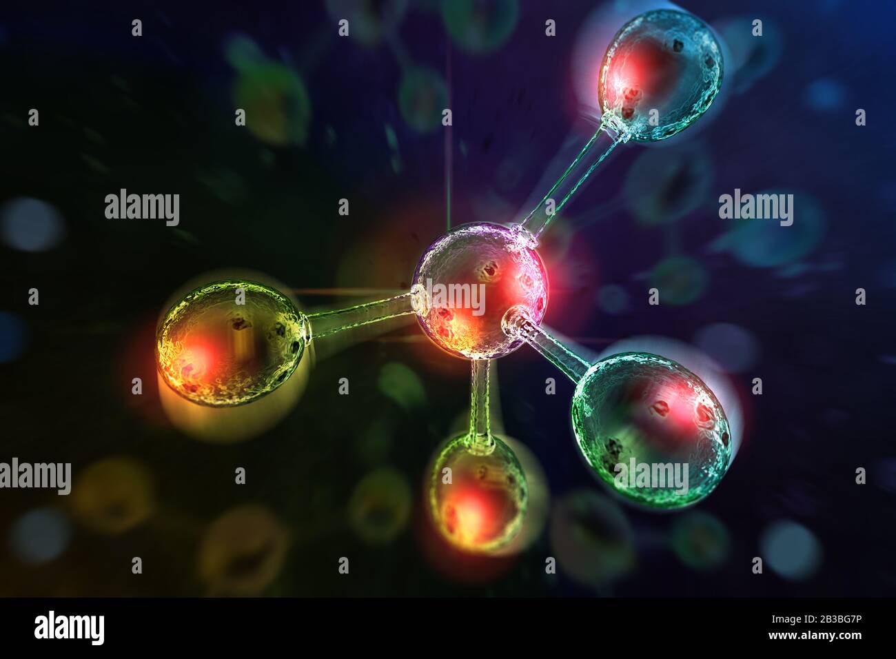 Close up of colorful atomic particle background science 3D illustration ...