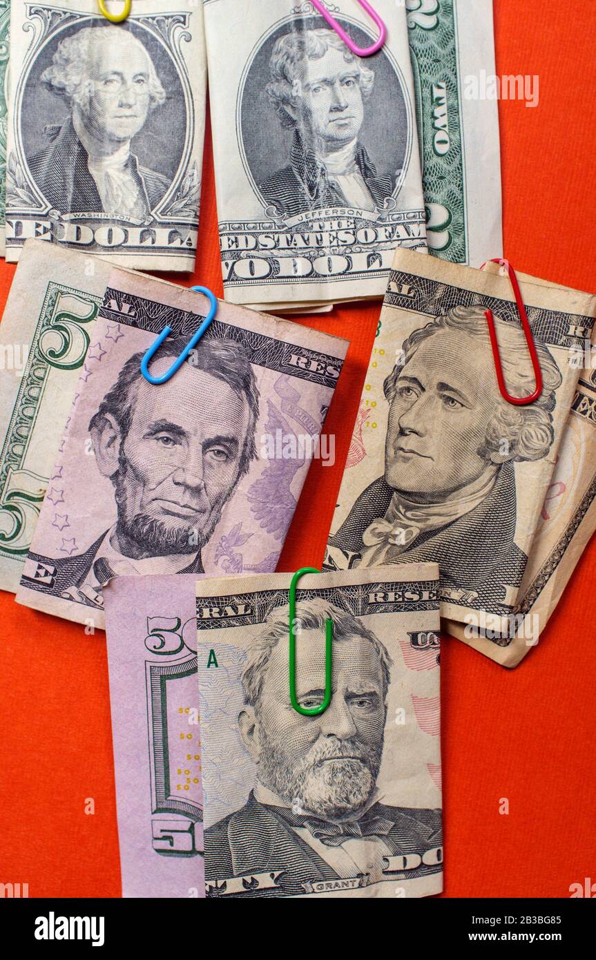 Founding fathers folded with paper clips in pictures on American money ...