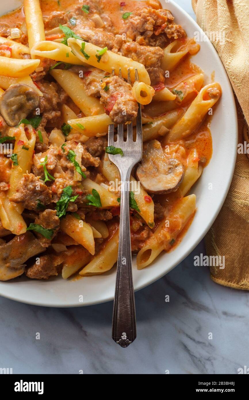 Italian penne pasta in creamy vodka tomato sauce with crumbled sausage ...