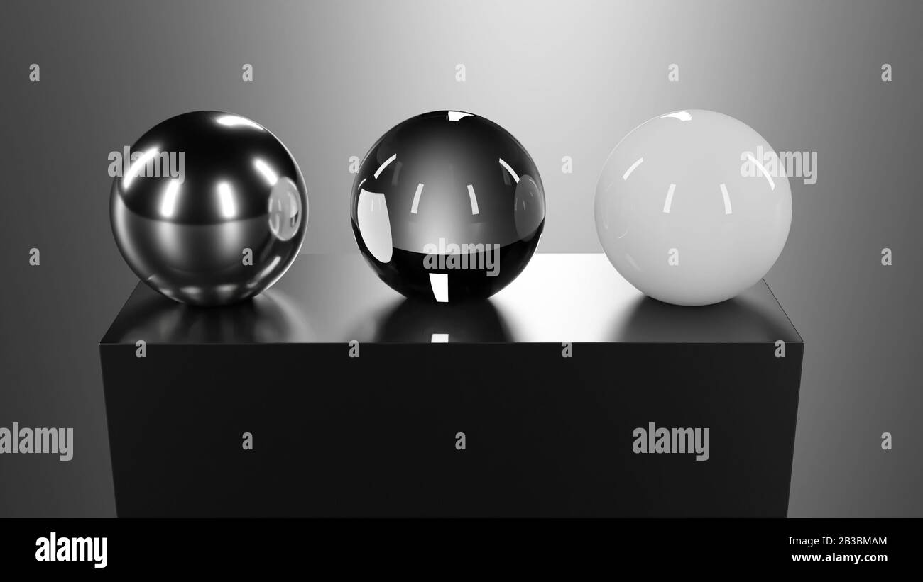 3d glass, chrome and plastic spheres on black plastic pedestal, 3d ...