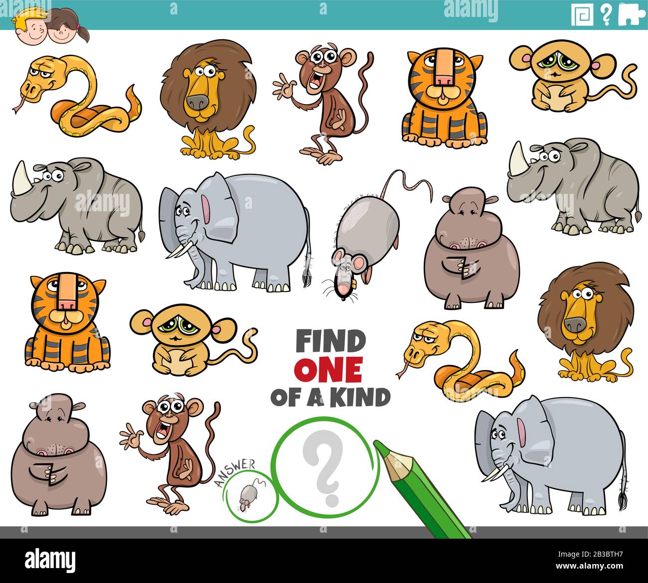 Cartoon Illustration of Find One of a Kind Picture Educational Game ...