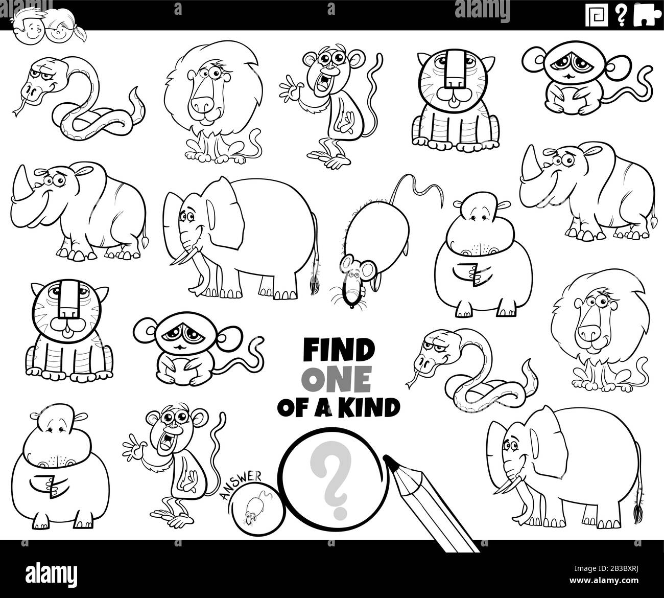 Black and White Cartoon Illustration of Find One of a Kind Picture ...
