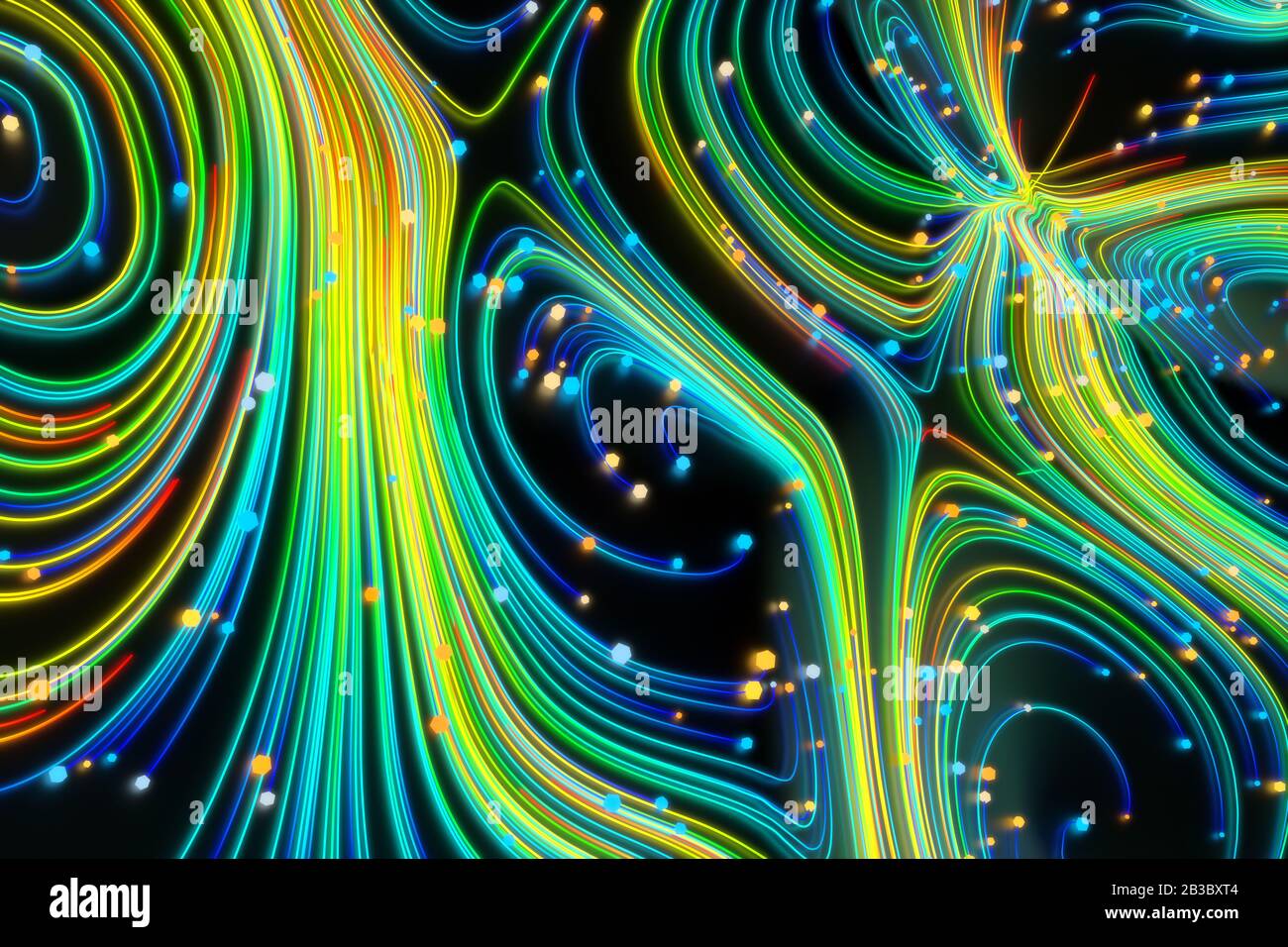 Neon glowing twisted cosmic lines on the glossy surface. Turbulence ...
