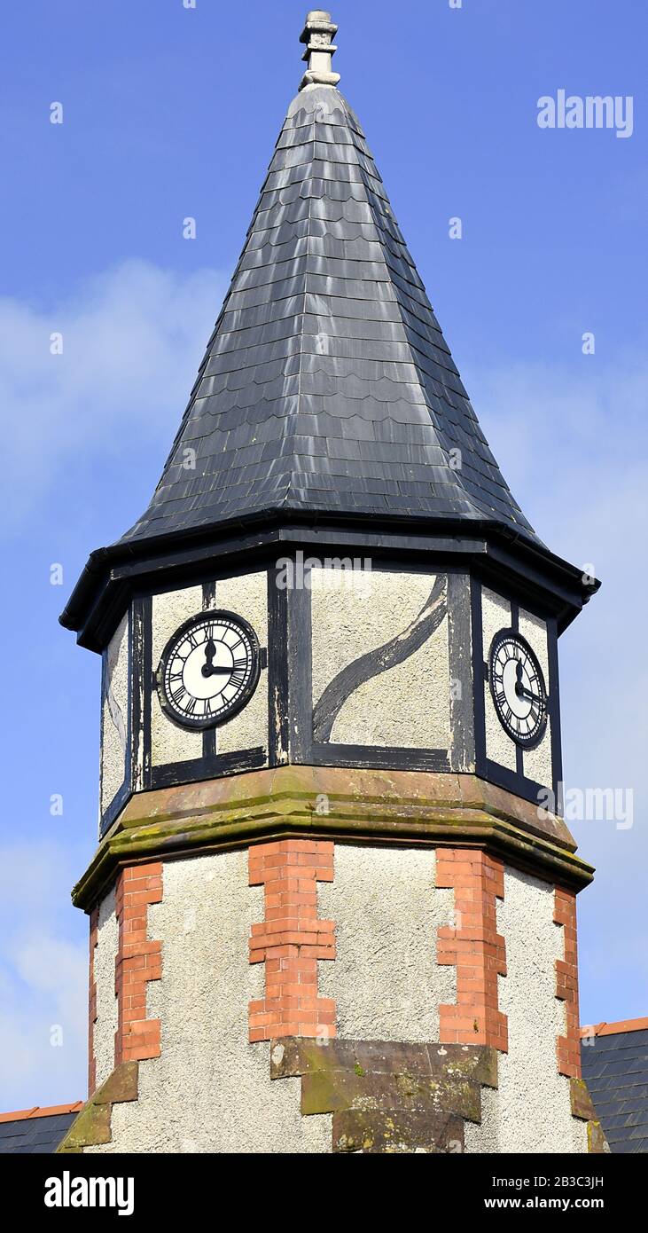 CEMAES, ANGLESEY, WALES - 2020: Cemaes Village hall clock in Anglesey ...