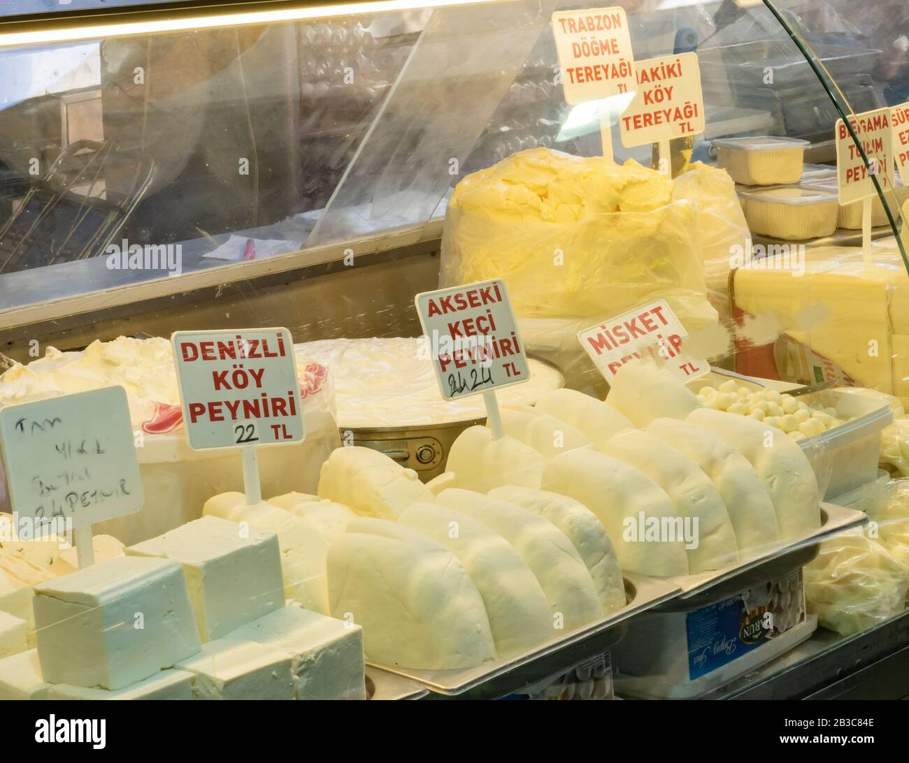 Cheese counter with names of varieties and prices in Turkish Stock ...