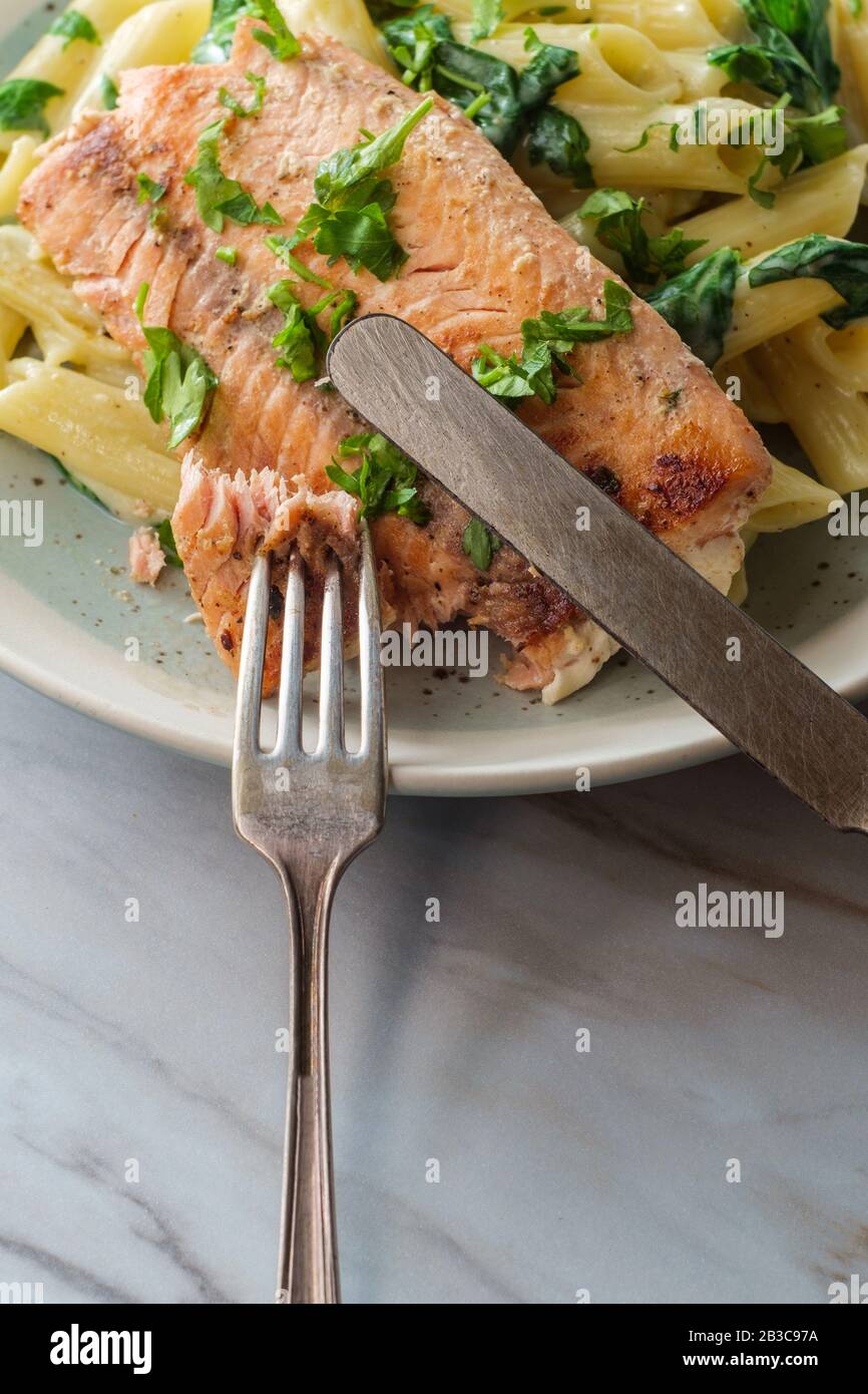 Italian fried salmon and penne rigate with creamy spinach alfredo pasta ...