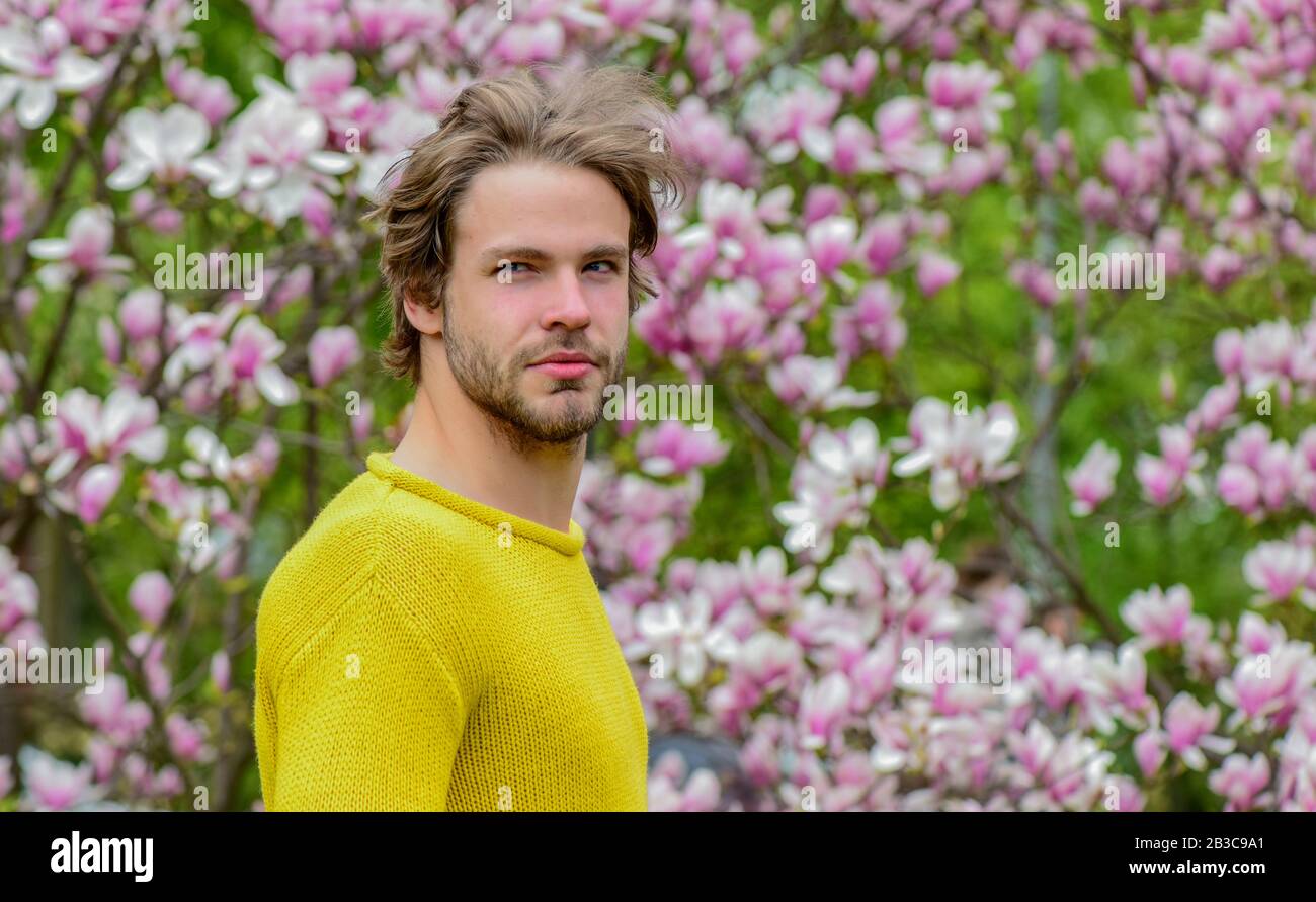 Spring beauty. Modern hipster enjoy blossom. Springtime concept. Guy ...