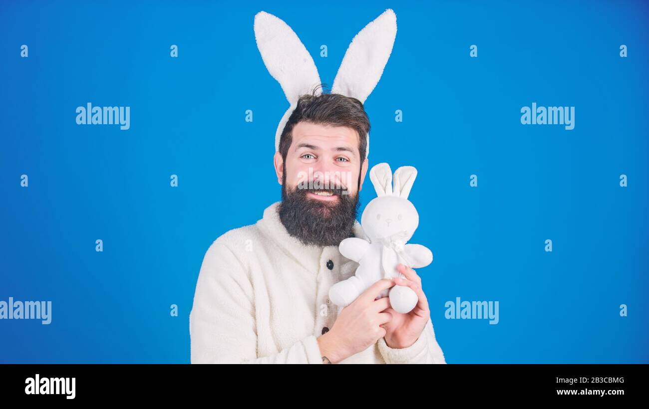 Easter symbol concept. Guy bearded hipster cute gentle bunny long ears ...
