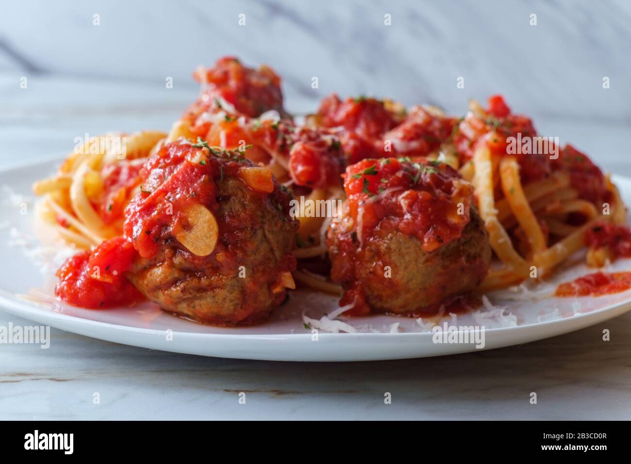 Italian linguine spaghetti and meatballs with red tomato sauce Stock ...