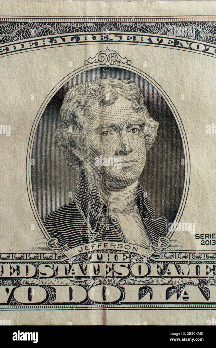 Founding father Thomas Jefferson on the rare two dollar bill Stock ...