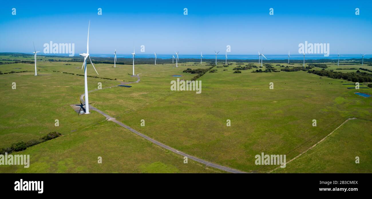 Wind farm in Tarwin, Victoria, Australia near the ocean - aerial ...