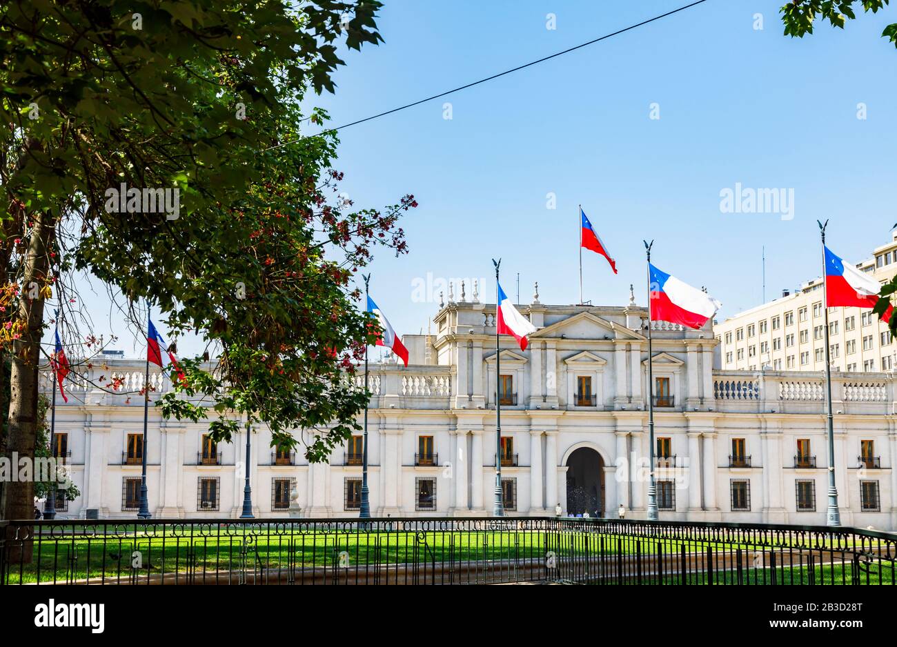 Facade of the neoclassical Palacio de La Moneda or La Moneda Palace ...
