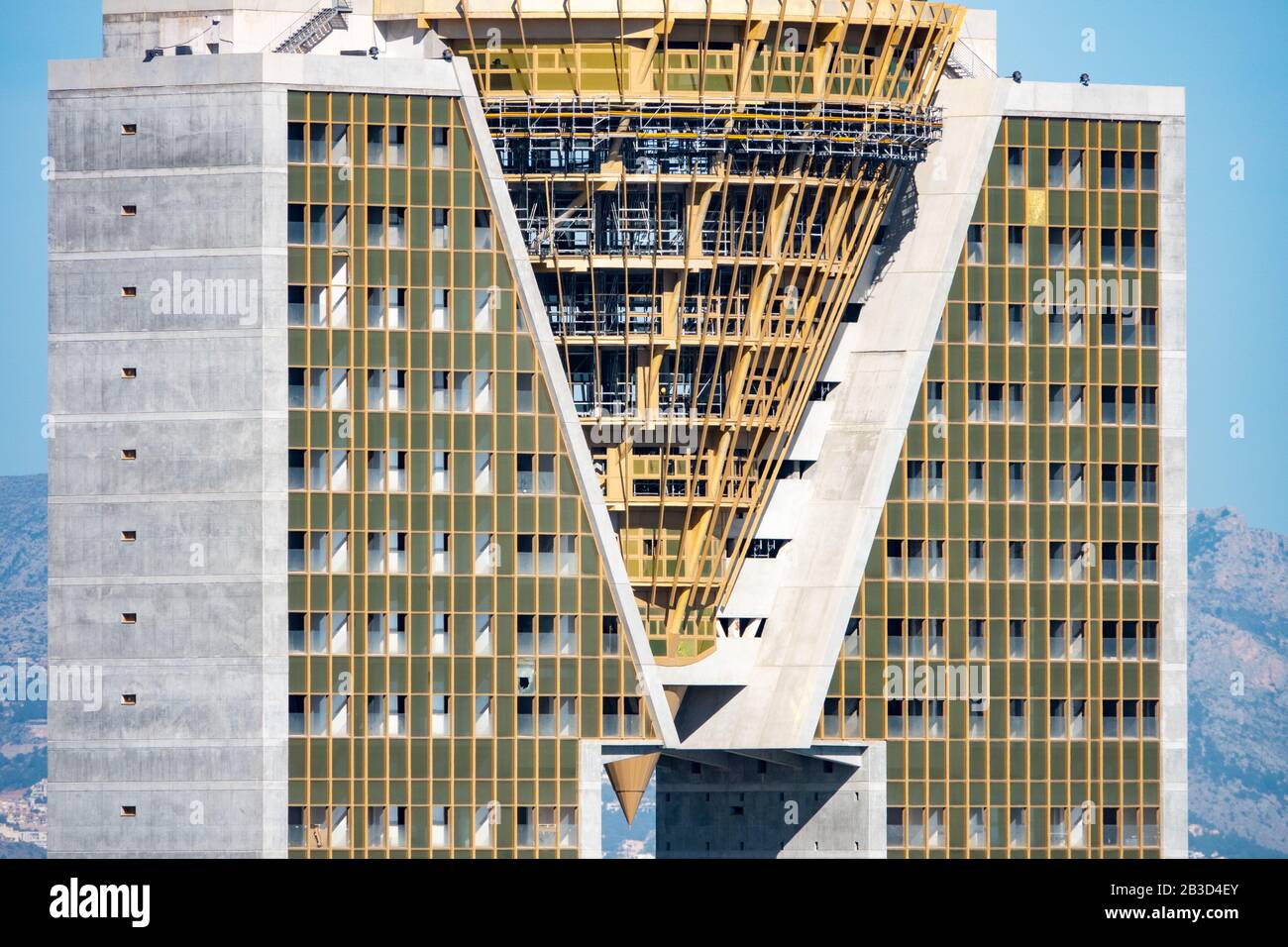 Intempo residential building, Benidorm, Spain. Tight shot of the top ...