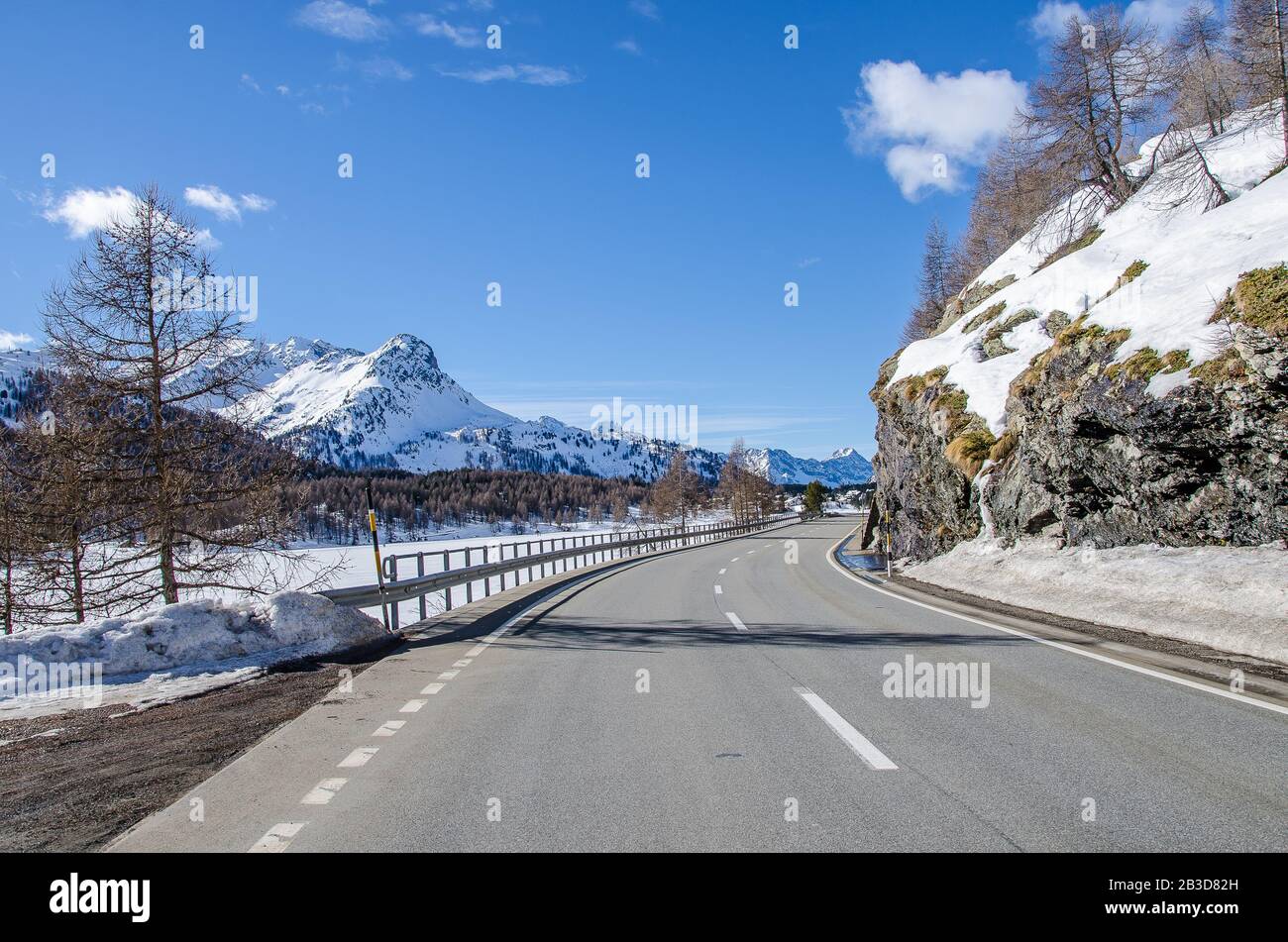 Driving along Lake Sils, the largest and most scenic of the Engadin ...