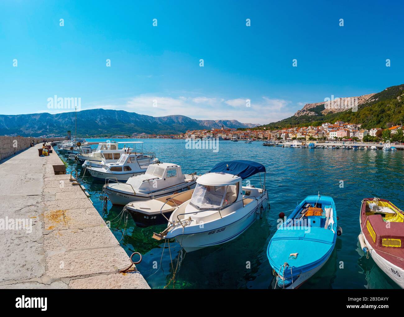 Promenade with fishing boats, Baska, island of Krk, Kvarner Gulf bay ...