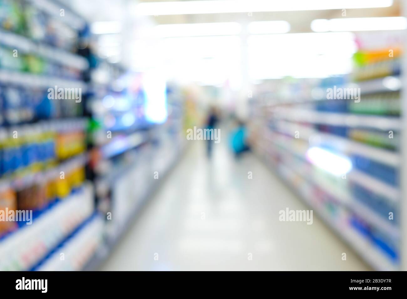 Bokeh blurred supermarket store with various goods on shelf business ...