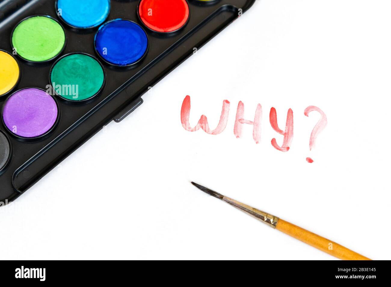 Handwritten WHY text with brush and watercolor paints on white ...
