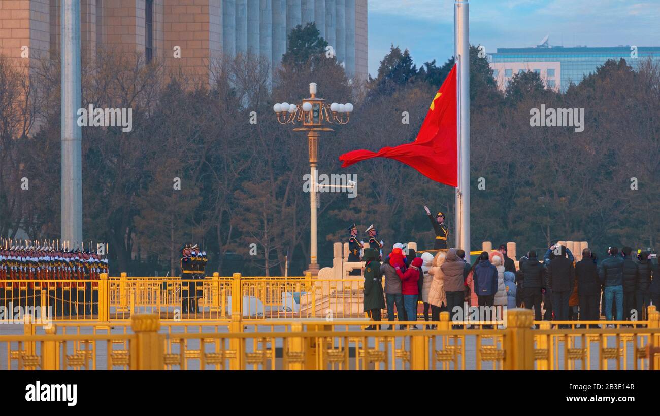 Beijing, China - Jan 17 2020: The Flag Raising Ceremony at Tiananmen ...