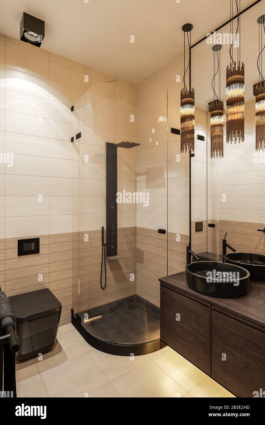 3d render interior design of the bathroom with a corner shower ...