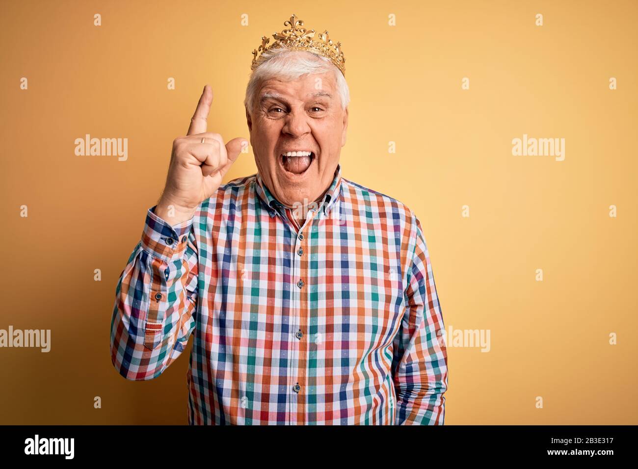 Senior handsome hoary man wearing golden crown of king over isolated ...