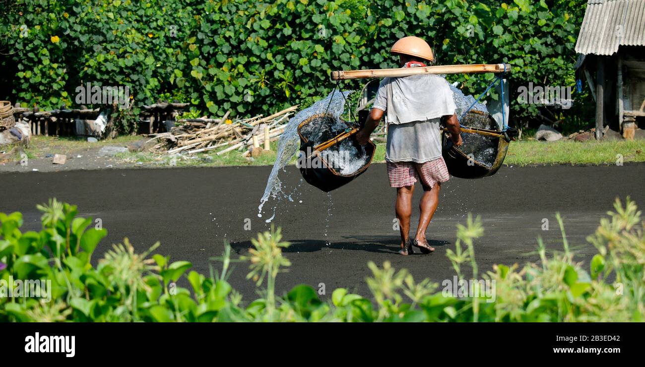 Farmer collecting water in the sea, to salt field for evaporation ...