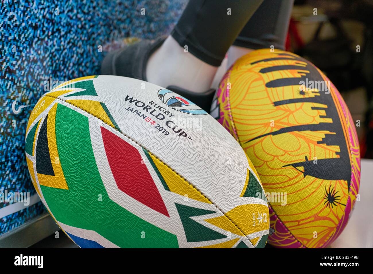 DUBAI, UAE - CIRCA JANUARY 2019: close up shot of Rugby balls seen ...