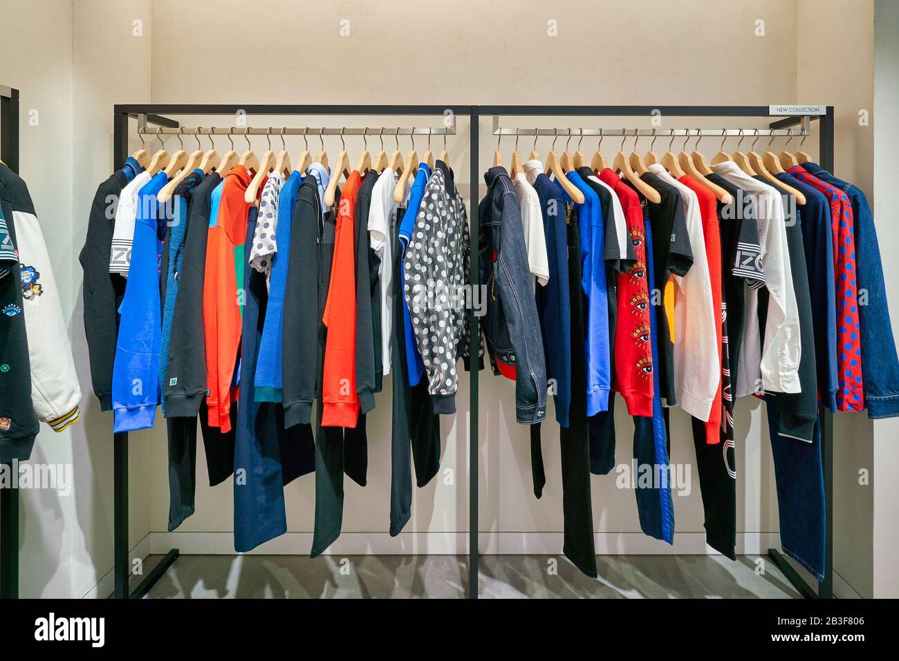 HONG KONG, CHINA - JANUARY 23, 2019: clothes on display at Kenzo store ...