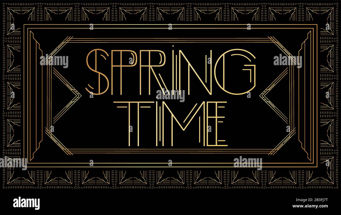 Art Deco Spring Time text. Golden decorative greeting card, sign with ...