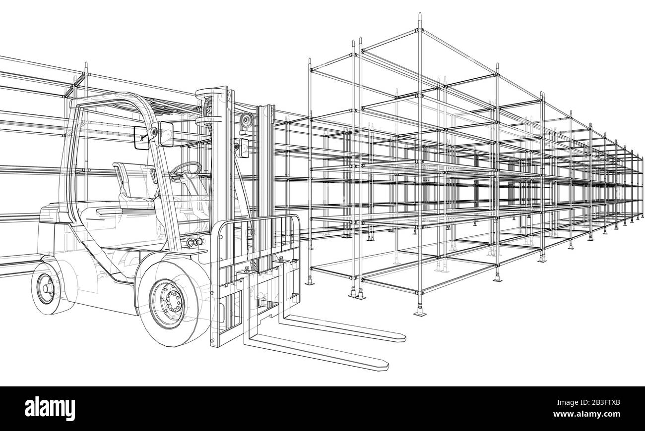 Warehouse shelves and forklift. Blueprint style. Vector rendering from ...